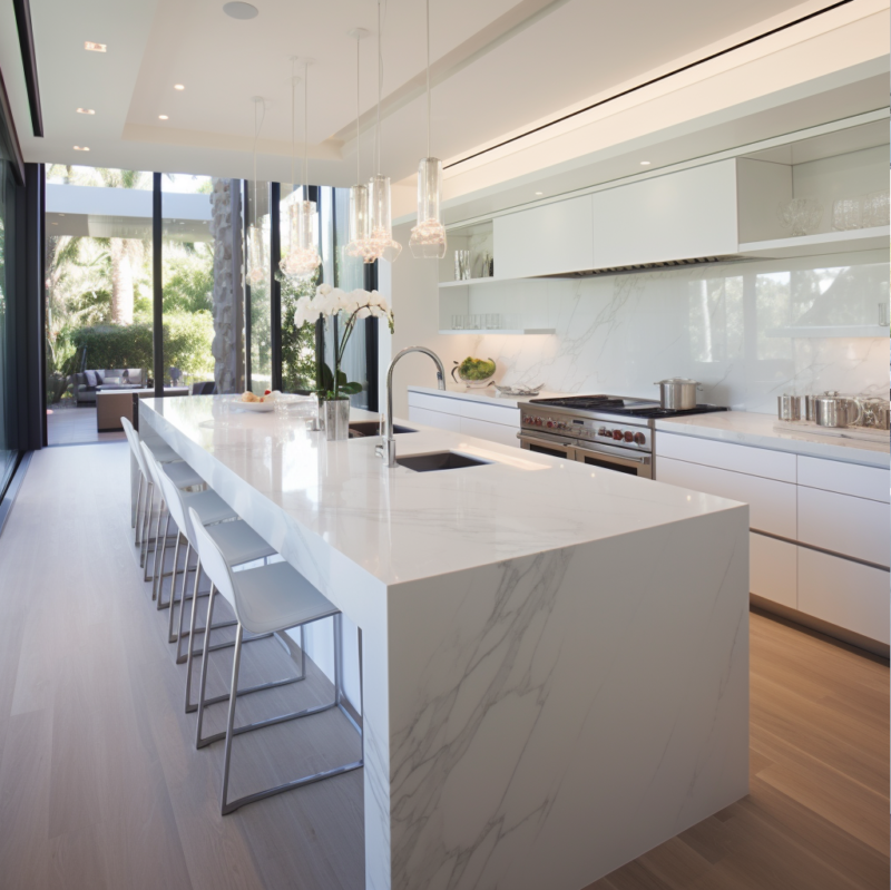 Veined White Marble And White Slab Kitchen Cabinets - HSM Cabinets